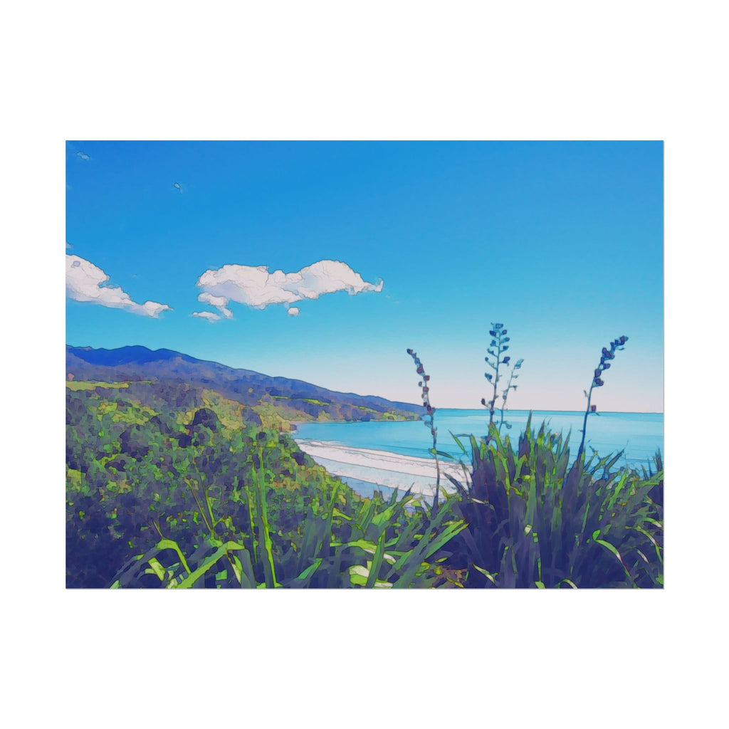 "Raglan Ocean View" Poster — Sunny Beach Landscape Rolled Wall Art ...